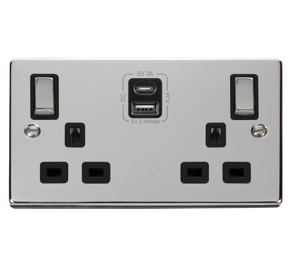 13A Ingot 2 Gang Switched Safety Shutter Socket Outlet With Type A & C